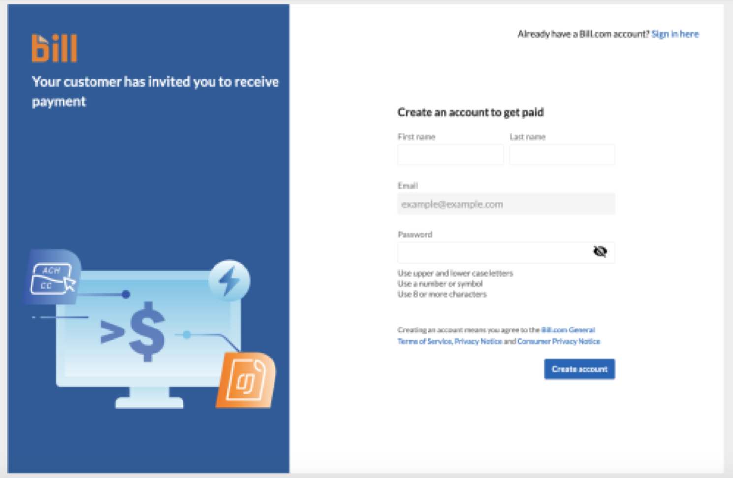 Sign up with a BILL check code