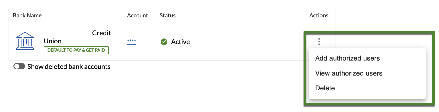Delete/inactivate a bank account